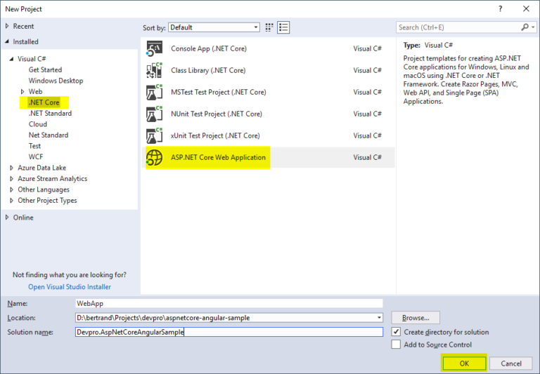 Create An Angular 7 Asp Core 2 2 Application And Push